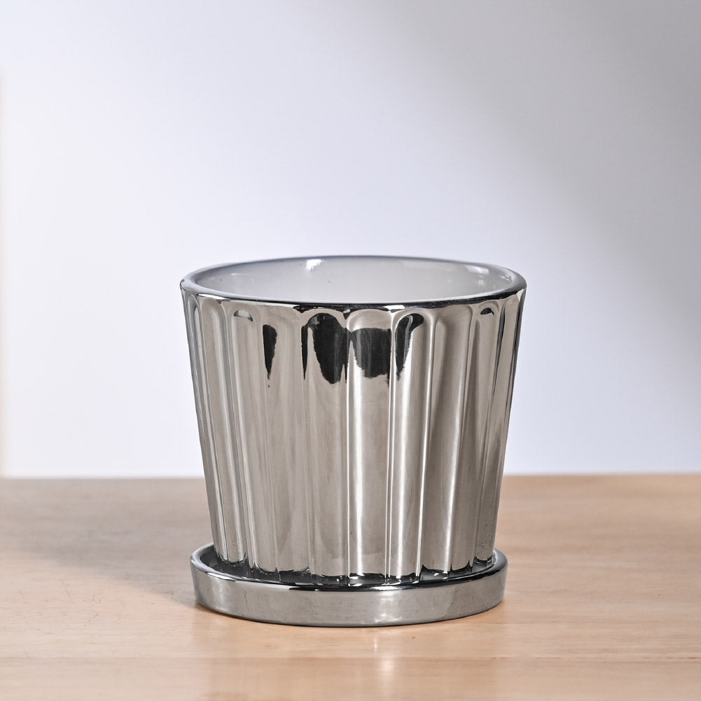 Fluted Silver-Gold Ceramic Plant Pot with Saucer | Ugaoo